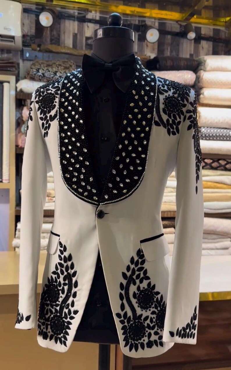 Men's Ivory Luxury Black Embellished Designer Tuxedo Suit| Men's ...