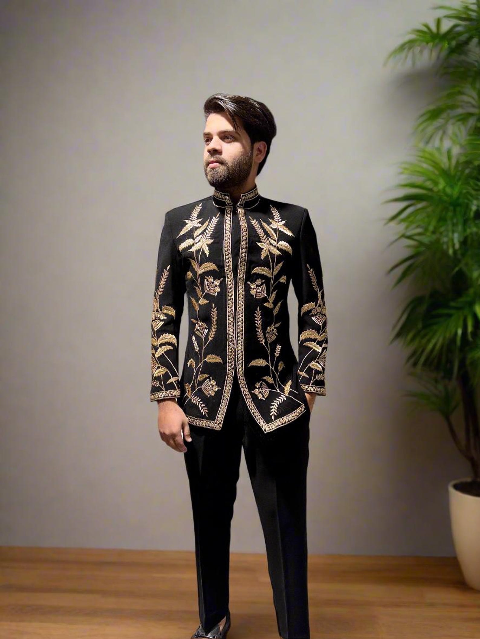 Men's Exclusive Black Handcrafted Designer Jodhpuri Set | Golden ...