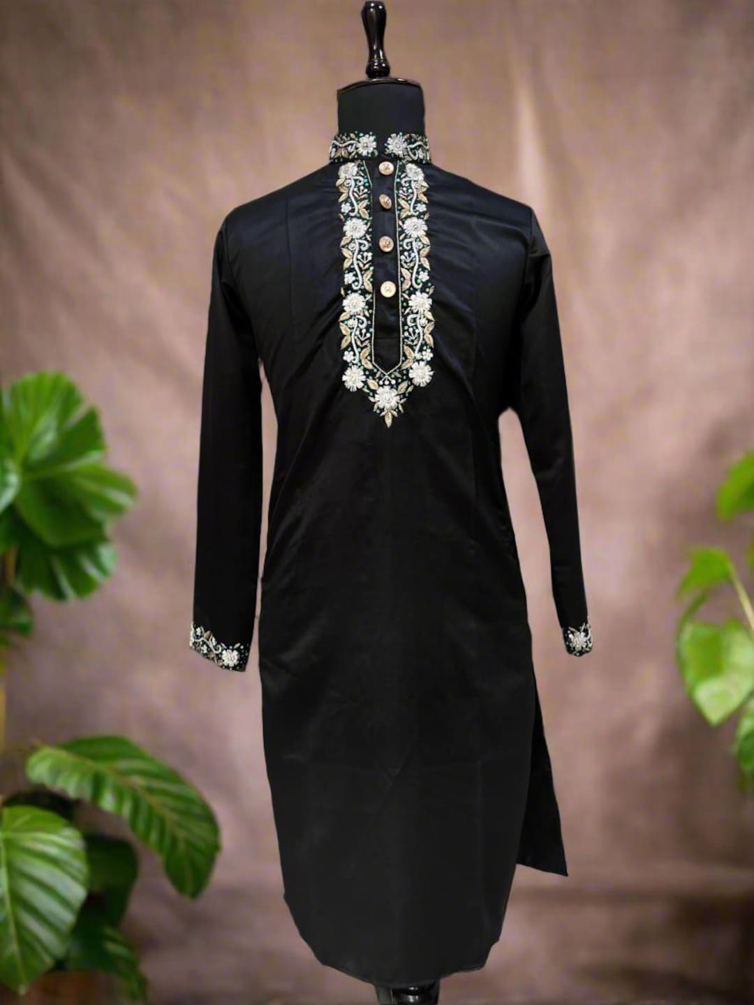 Men's Black Handcrafted Zardozi Work Multi Colour Embroidery Neck Style ...