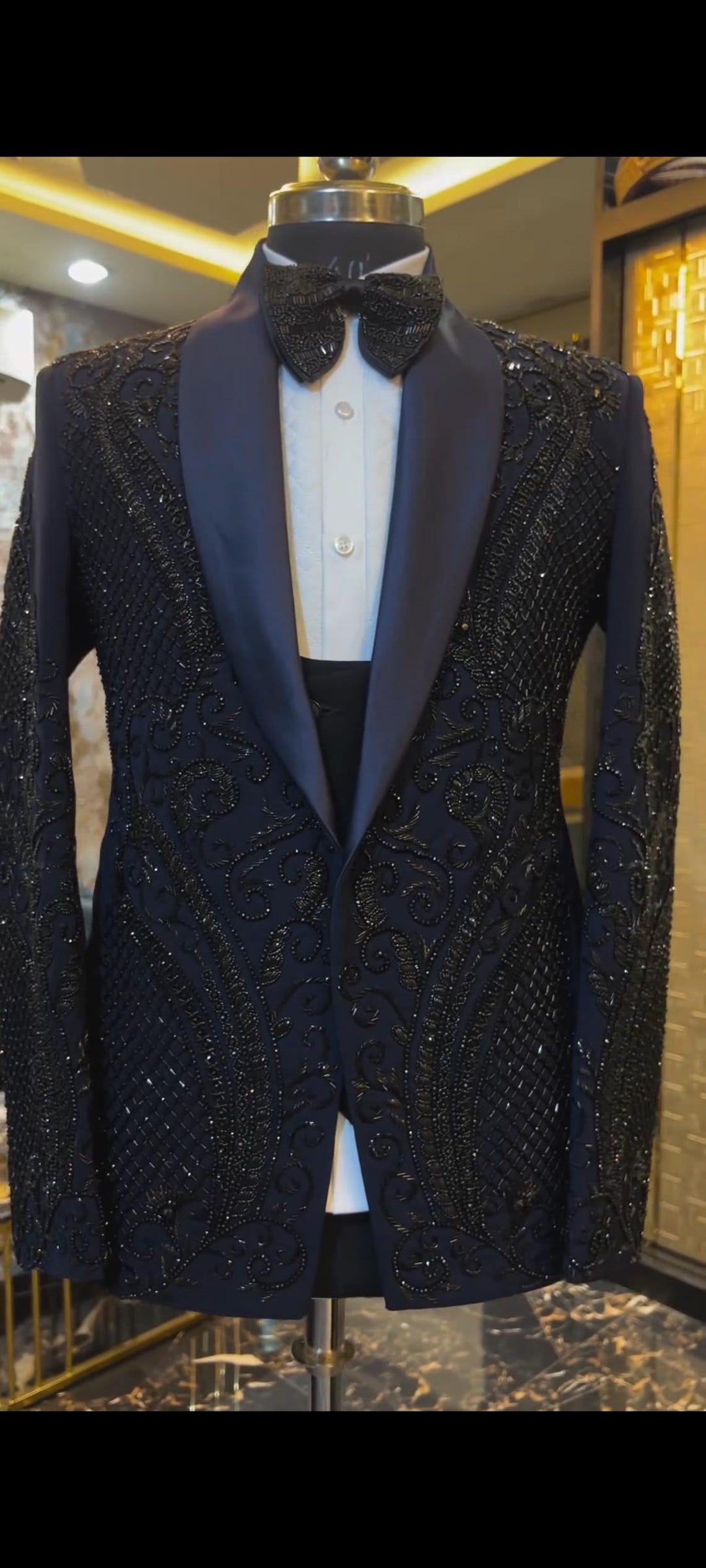 Men's Navy Blue Luxury Fully Handcrafted Cut Work Designer Tuxedo Suit ...