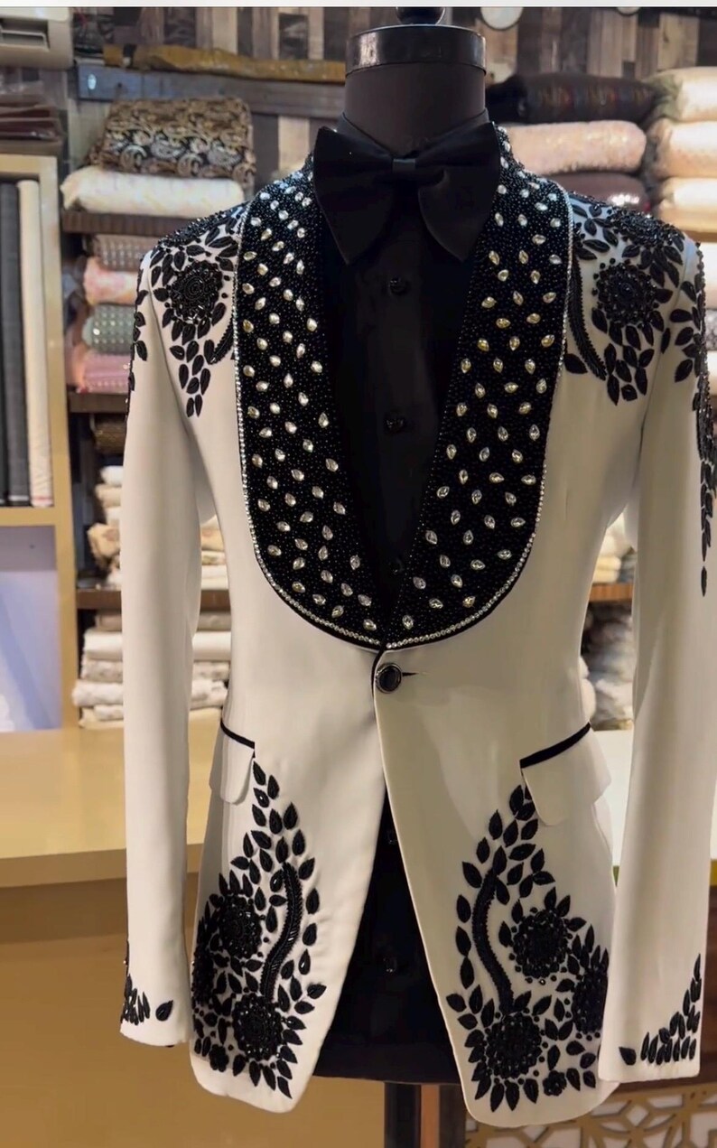Men's Ivory Luxury Black Embellished Designer Tuxedo Suit| Men's ...