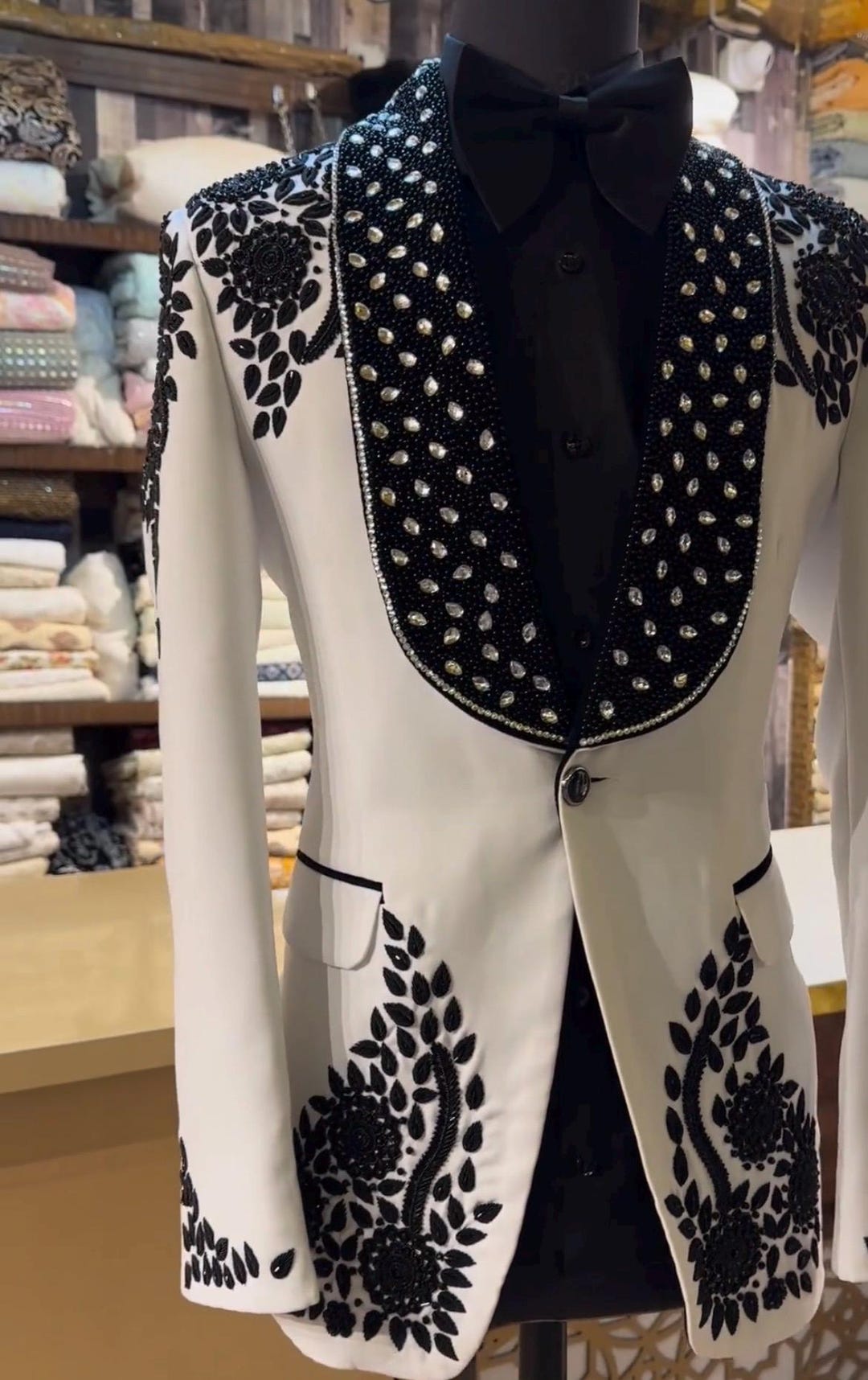 Men's Ivory Luxury Black Embellished Designer Tuxedo Suit| Men's ...