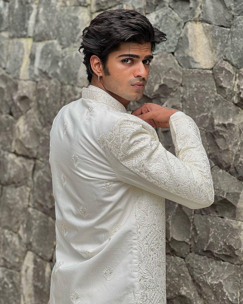 Men's White Silk Embroidery Shrug Set: Indowestern Groom Suit - Etsy