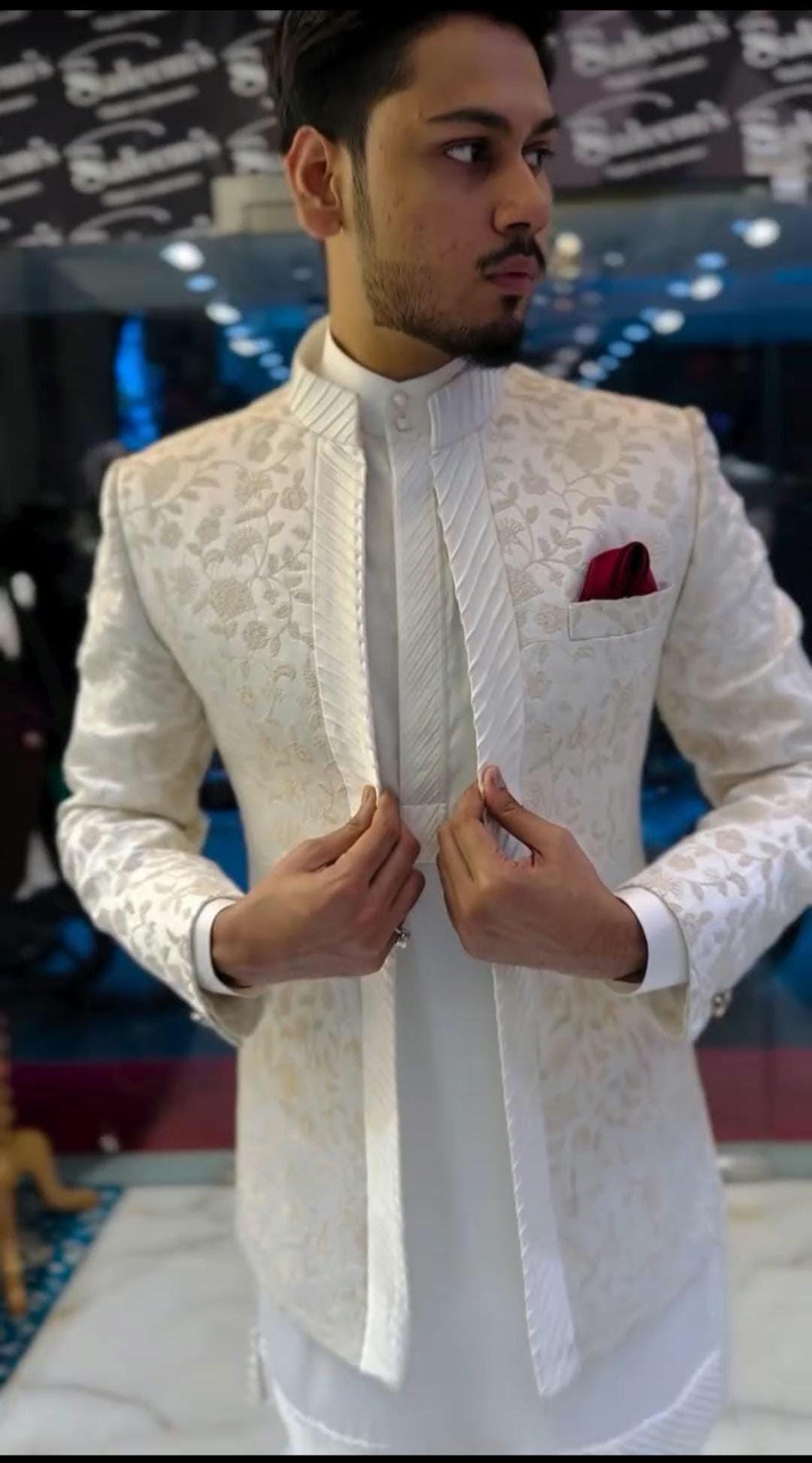 Men’s White Silk Embroidery Open Shrug Set – Groom & Wedding Ensemble ...