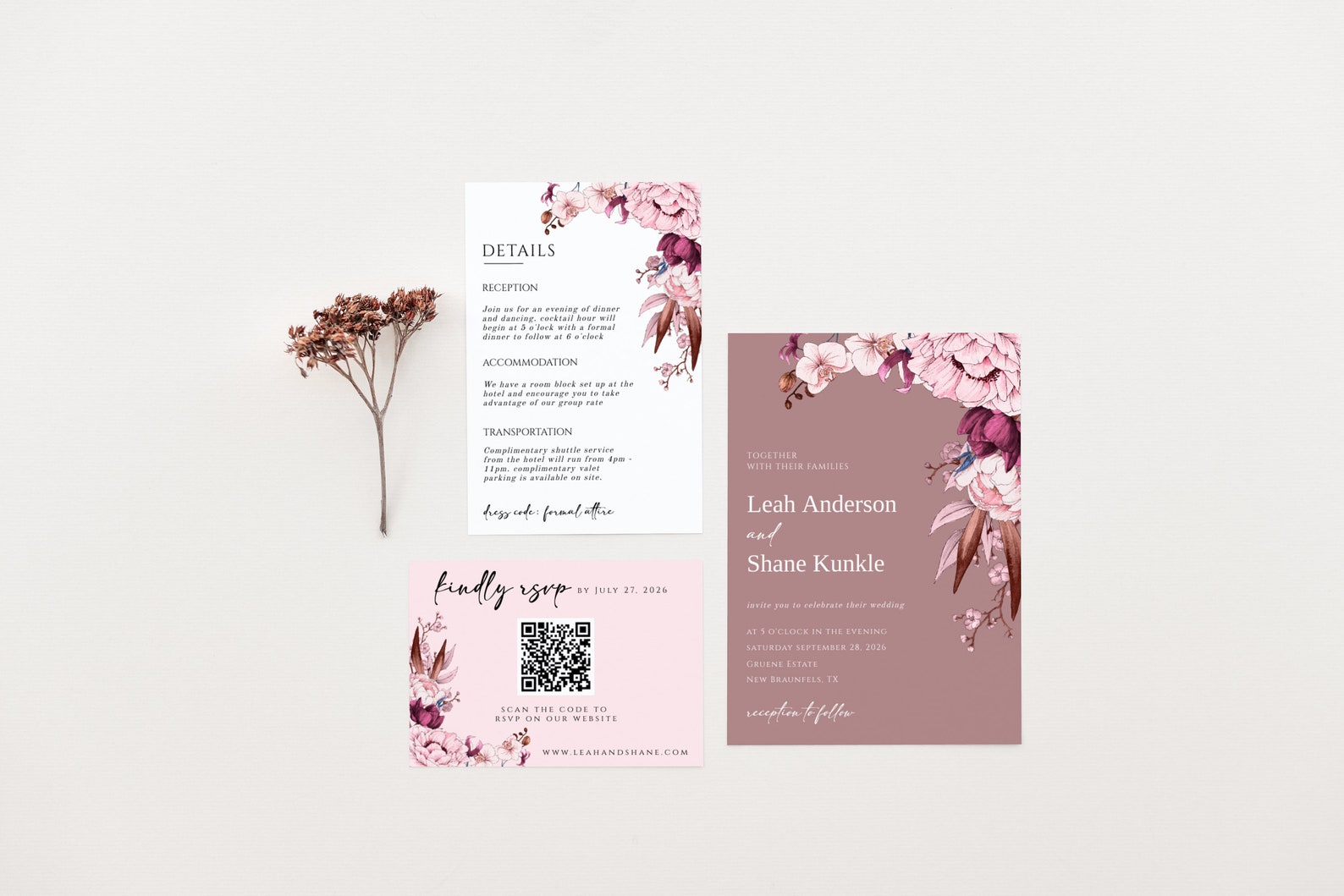 Mauve Floral Wedding Invitation Suite Template, White, Light Pink and ...