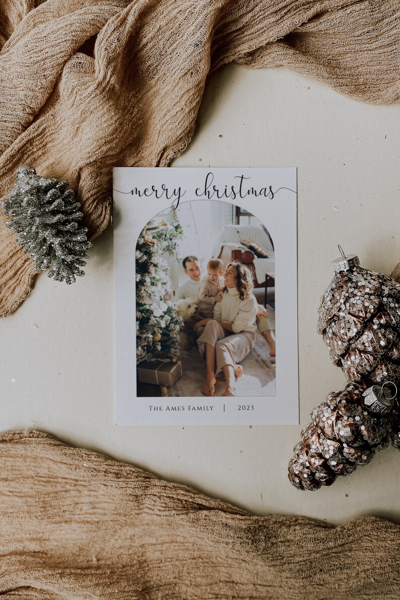Simple Merry Christmas Card Template With Photos, Arched Christmas Card ...