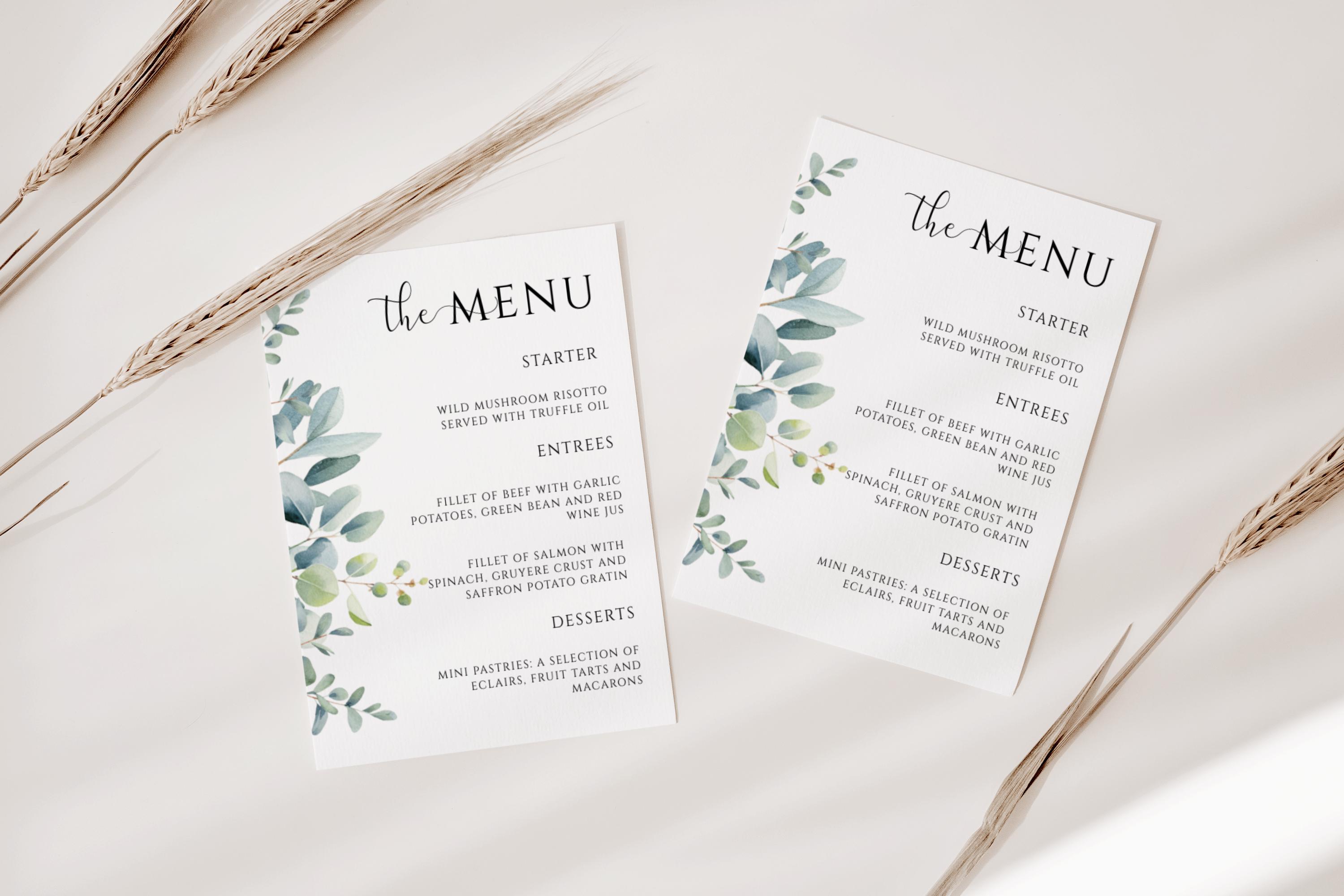Eucalyptus Wedding Menu Card Template, Greenery Menu Card Printable ...