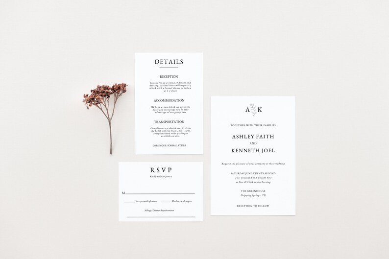 Minimalist Monogram Wedding Invitation Template, Monogram Wedding Invitation, Minimalist ...