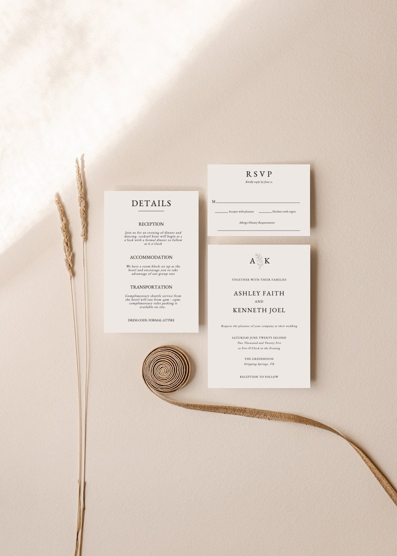 Minimalist Monogram Wedding Invitation Template, Monogram Wedding Invitation, Minimalist ...