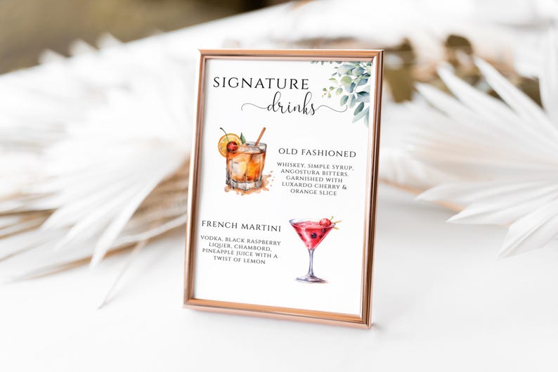 Our Signature Drinks Eucalyptus Sign Template, Signature Wedding Drinks ...