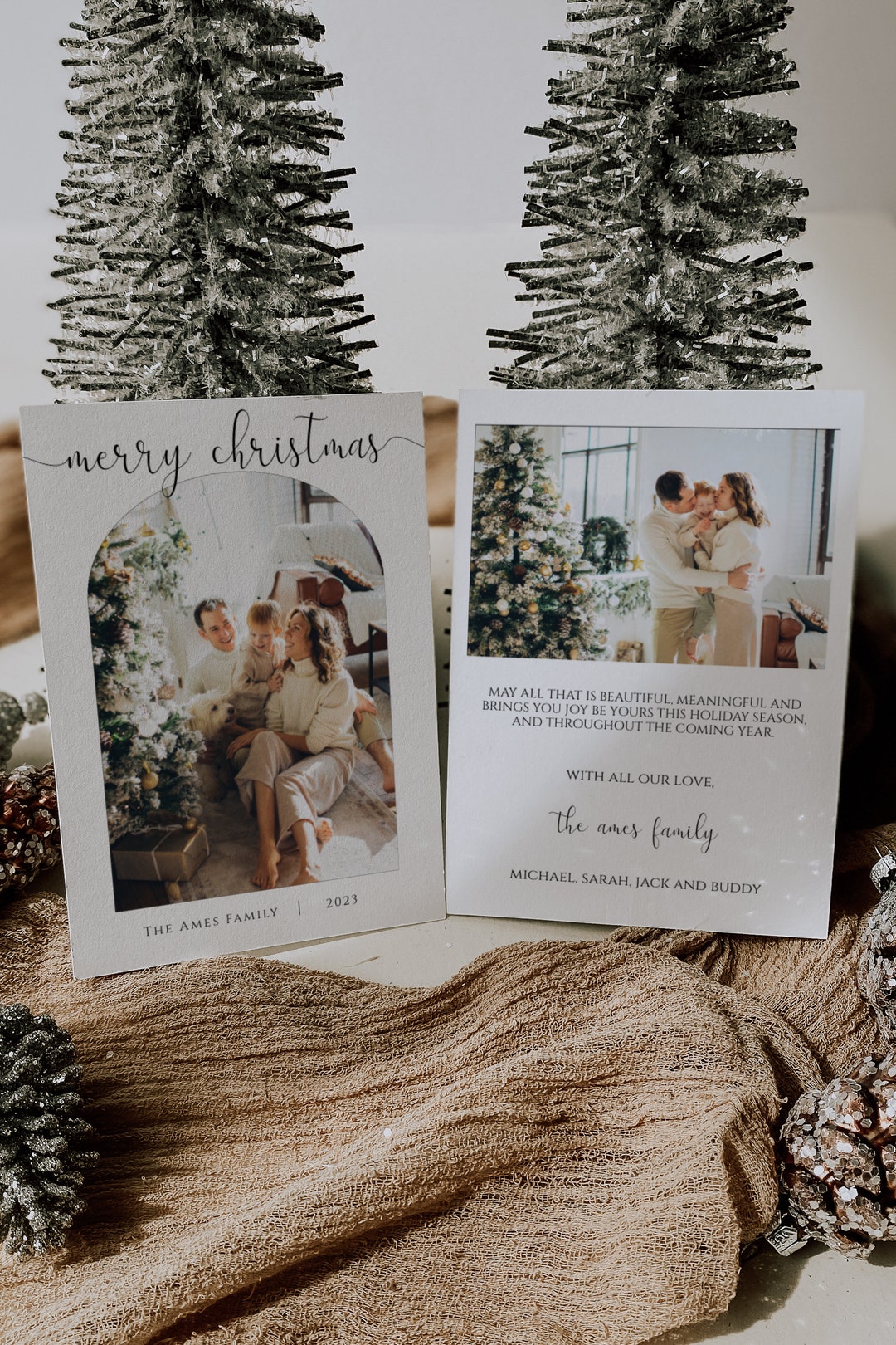 Simple Merry Christmas Card Template With Photos, Arched Christmas Card ...