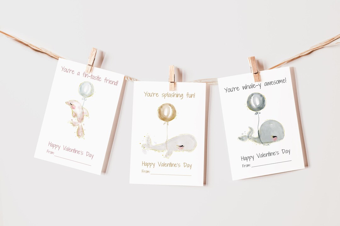 Kids Watercolor Whales Valentine's Day Card Printable, Whale Valentine ...