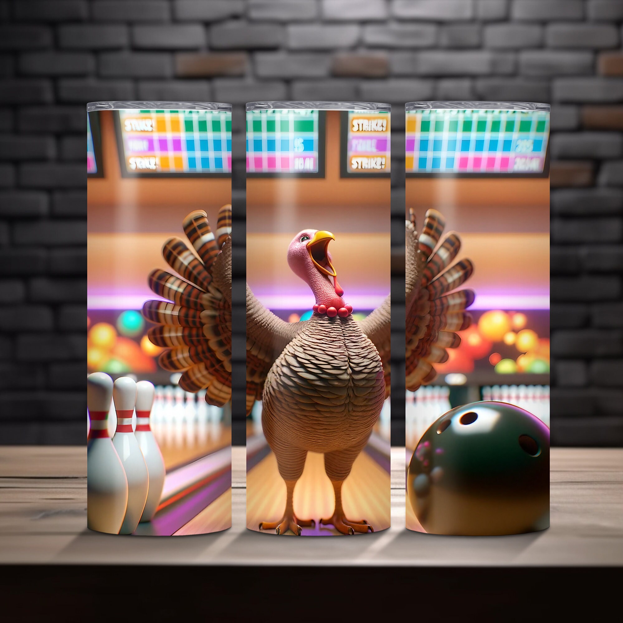 Funny Turkey Bowling Strike Scene for 20oz Skinny Tumblers, Humorous ...