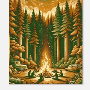 Vintage Campfire Forest Wall Art Nature Poster Print Retro Style ...