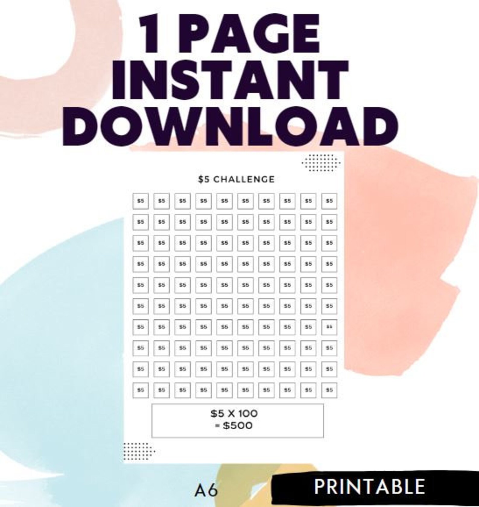 5 Dollar Bill Challenge Printable, Savings Challenge, Savings Tracker ...