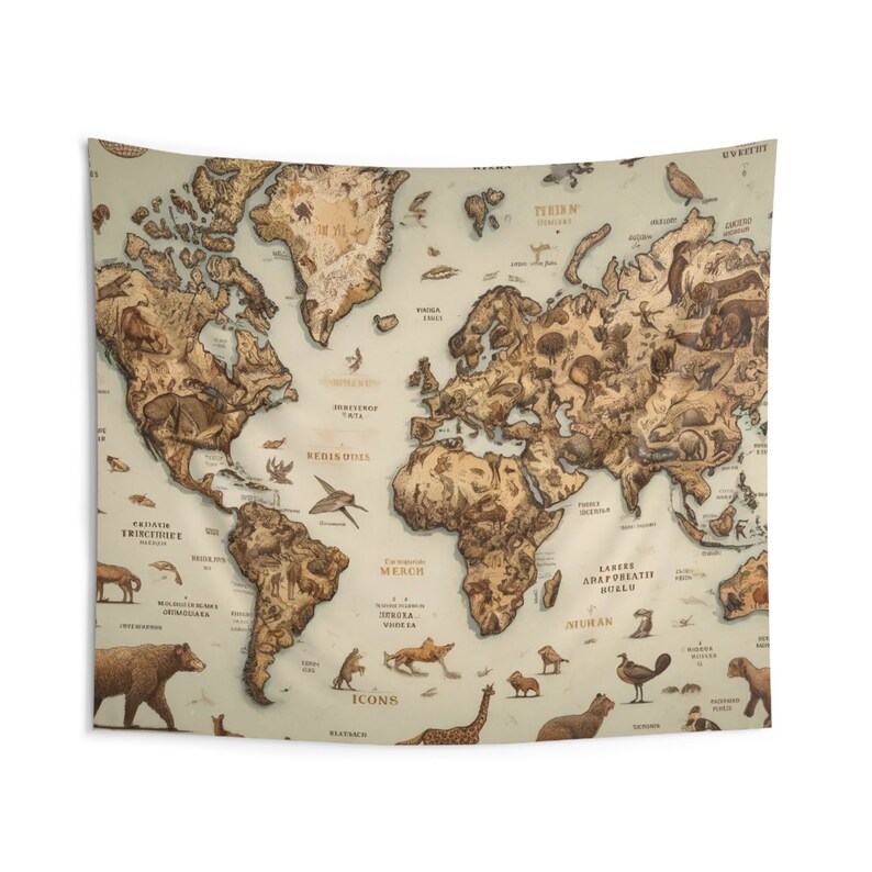 World Map Tapestry, Nursery Printed Cotton Fabric Tapestry / Kid's Room ...