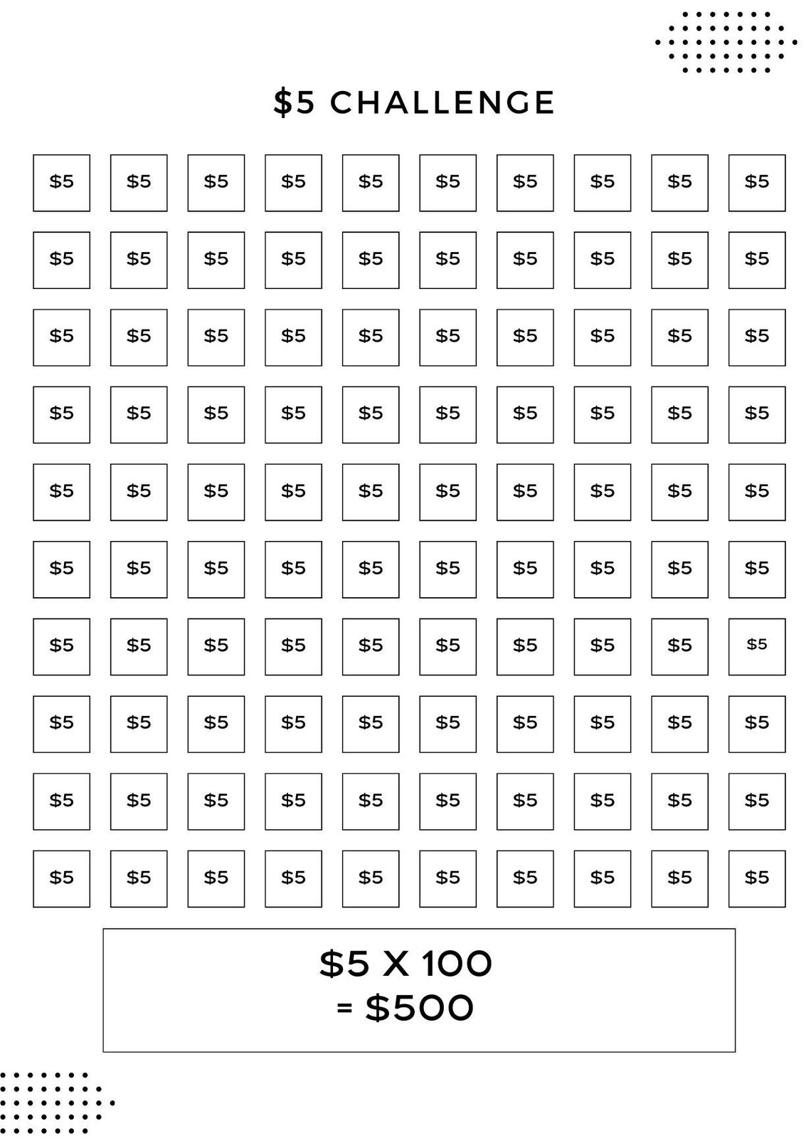 5 Dollar Bill Challenge Printable, Savings Challenge, Savings Tracker ...