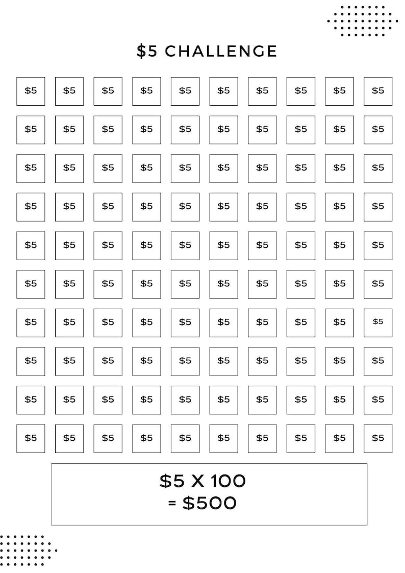 5 Dollar Bill Challenge Printable, Savings Challenge, Savings Tracker ...