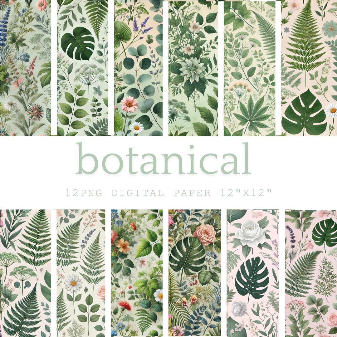 12 Cute Botanical Flower Digital Paper Floral Seamless Pattern Set on ...