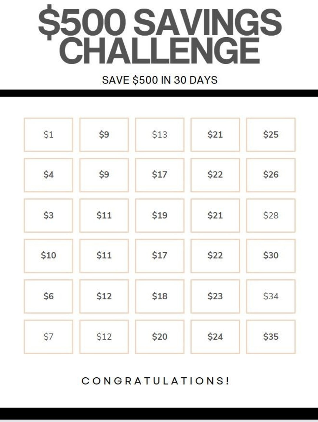 Savings Challenge 500 Dollars in 30 Days Printable, Save 500 in a Month ...