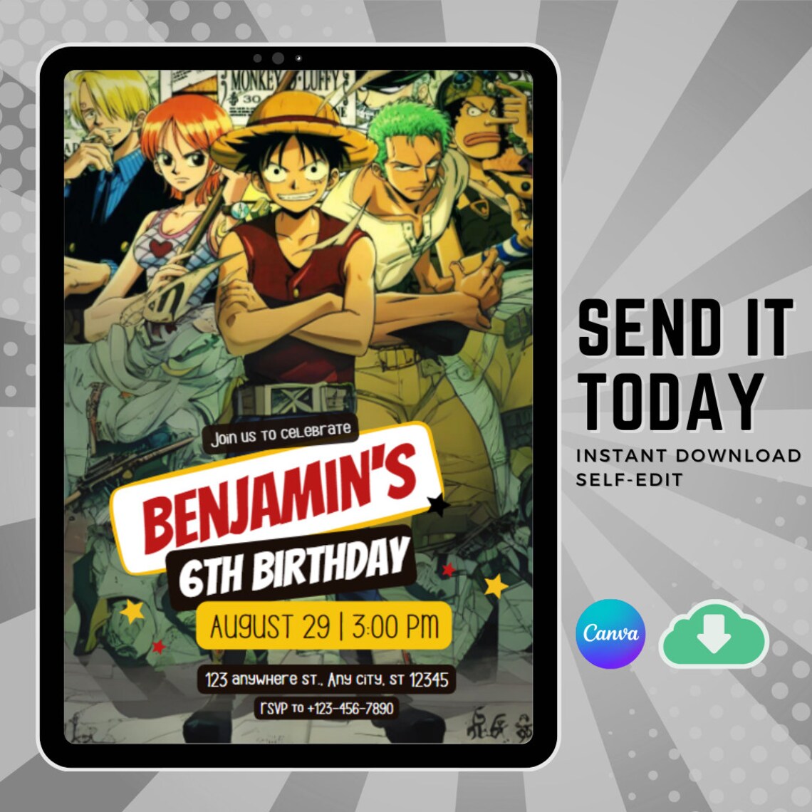 One Piece Anime Invitation Birthday Invite Anime Invitation Birthday ...