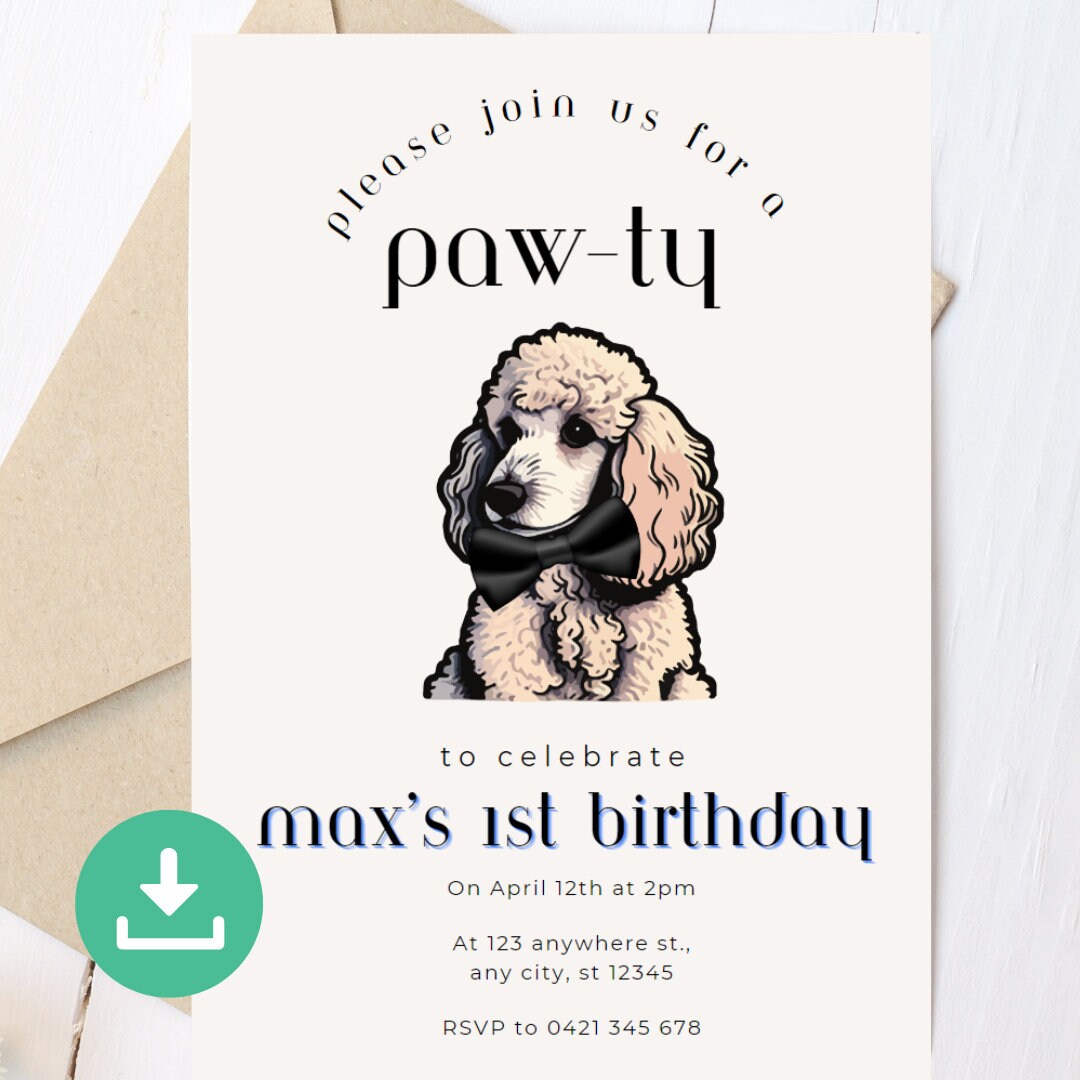 Dog Birthday Invitation Male Dog Poodle Birthday Poodle Birthday Invite ...