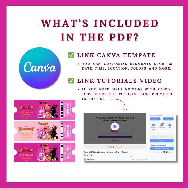 Editable Labubu Halloween Party Ticket Template | Spooky Pink Party ...