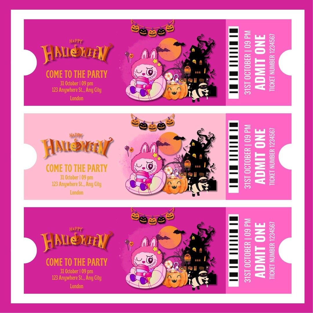 Editable Labubu Halloween Party Ticket Template | Spooky Pink Party ...