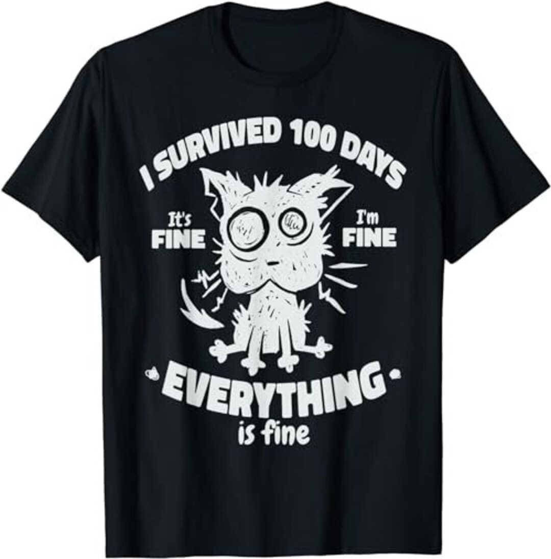 100th Day of School Students Kids I Survived 100 Days Cat T-shirt ...