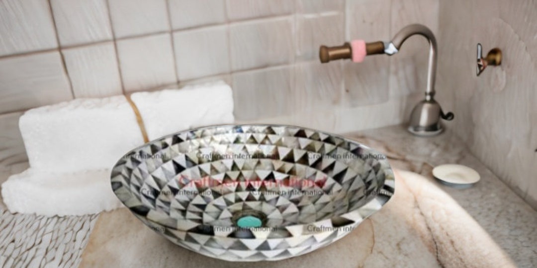 Black/ Silver Wash Basin / Sink Semi Precious Stones Handmade Sink ...