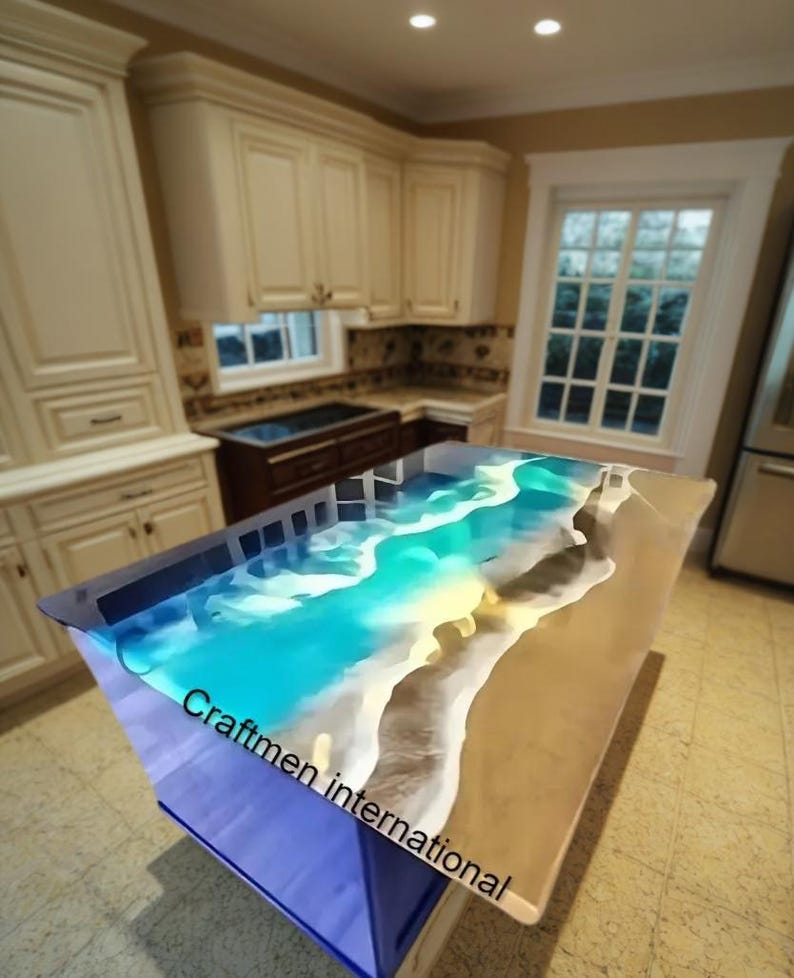 Luxury Ocean Epoxy Resin Countertop | Custom Beach Wave Kitchen Island ...