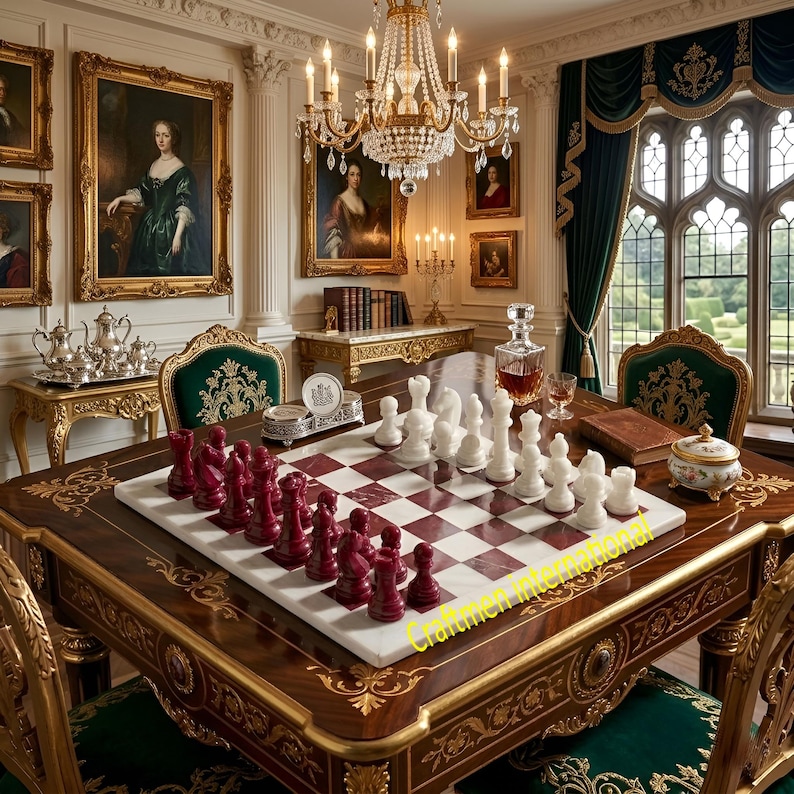 Handmade Marble Chess Set, Red and White Inlaid Pieces, Luxury Board ...