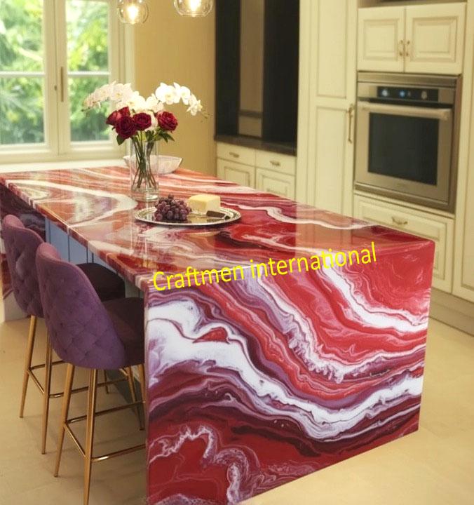 Luxury Red & White Epoxy Resin Wave Countertop | Custom Kitchen Island ...