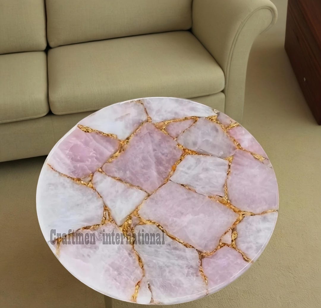 Pink Quartz Round Table, Coffee End Table, Dining Table Top, Quartz ...