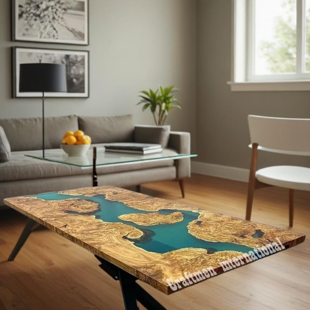 Green Epoxy Resin Table Top, Live Edge Table Top, Living Room Furniture ...