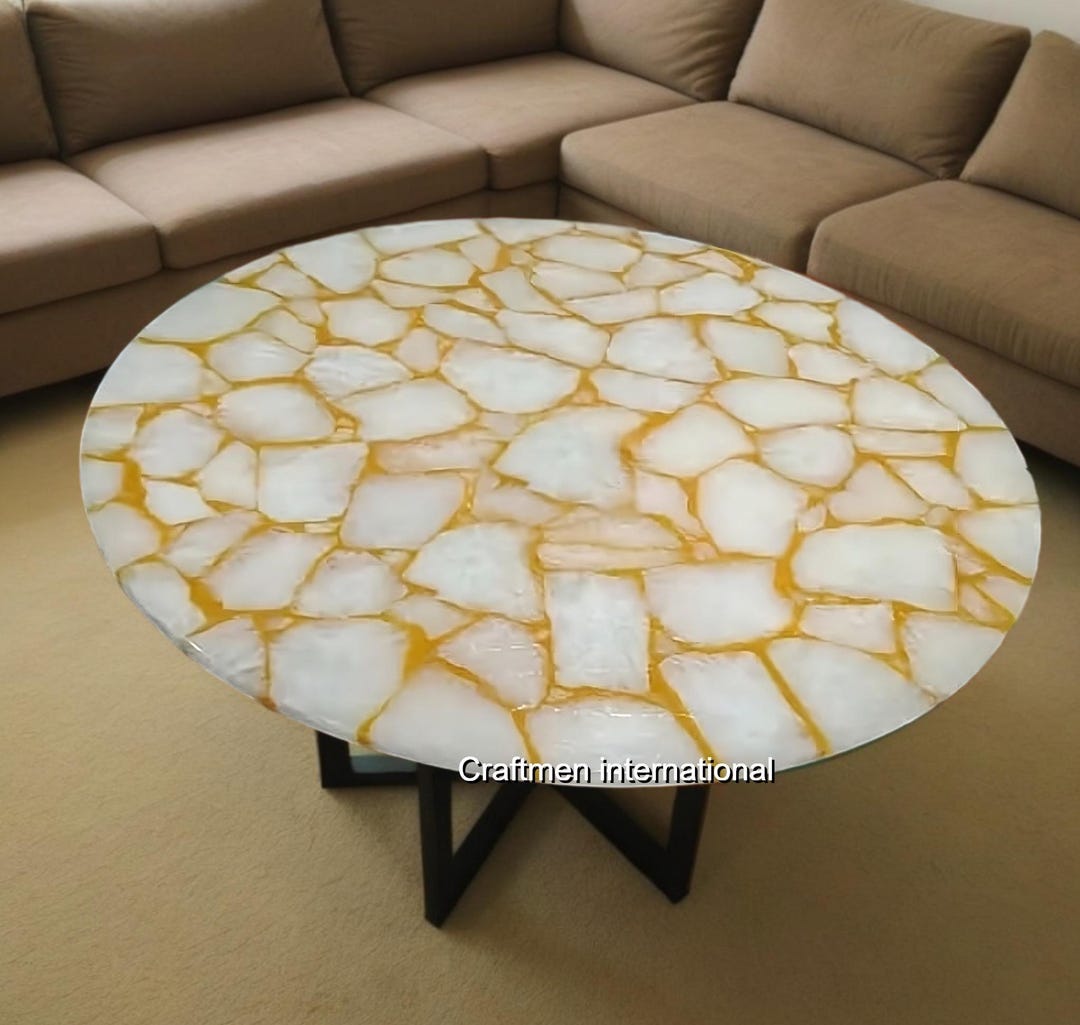 White Quartz Round Table, Quartz Coffee End Table, Artistic Table Top ...