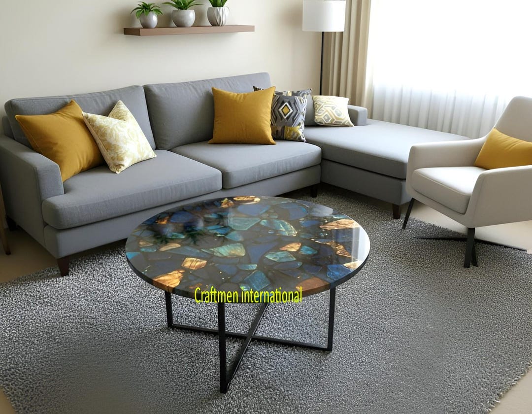 Natural Labradorite Stone Coffee Table, Round Gemstone Crystal Center ...