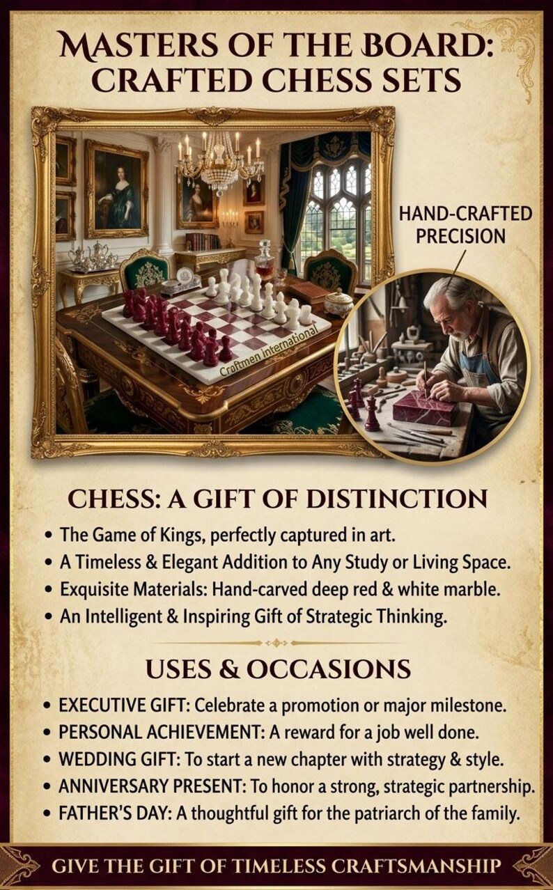 Handmade Marble Chess Set, Red and White Inlaid Pieces, Luxury Board ...