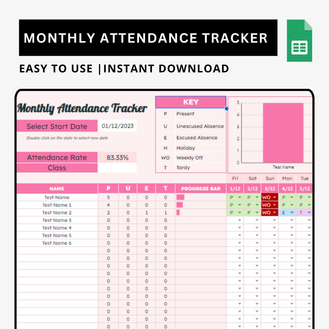 Monthly Attendance Tracker School Attendance Tracker Google Sheets ...