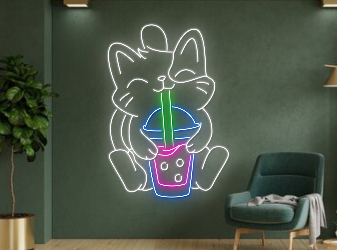 Cute Cat Drink Bubble Tea Neon Sign Cat Drink Boba Tea Led - Etsy