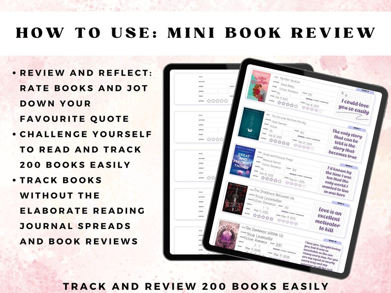 Purple Mini Book Review Tracker | Digital Reading Log (PDF) | 200 Books ...