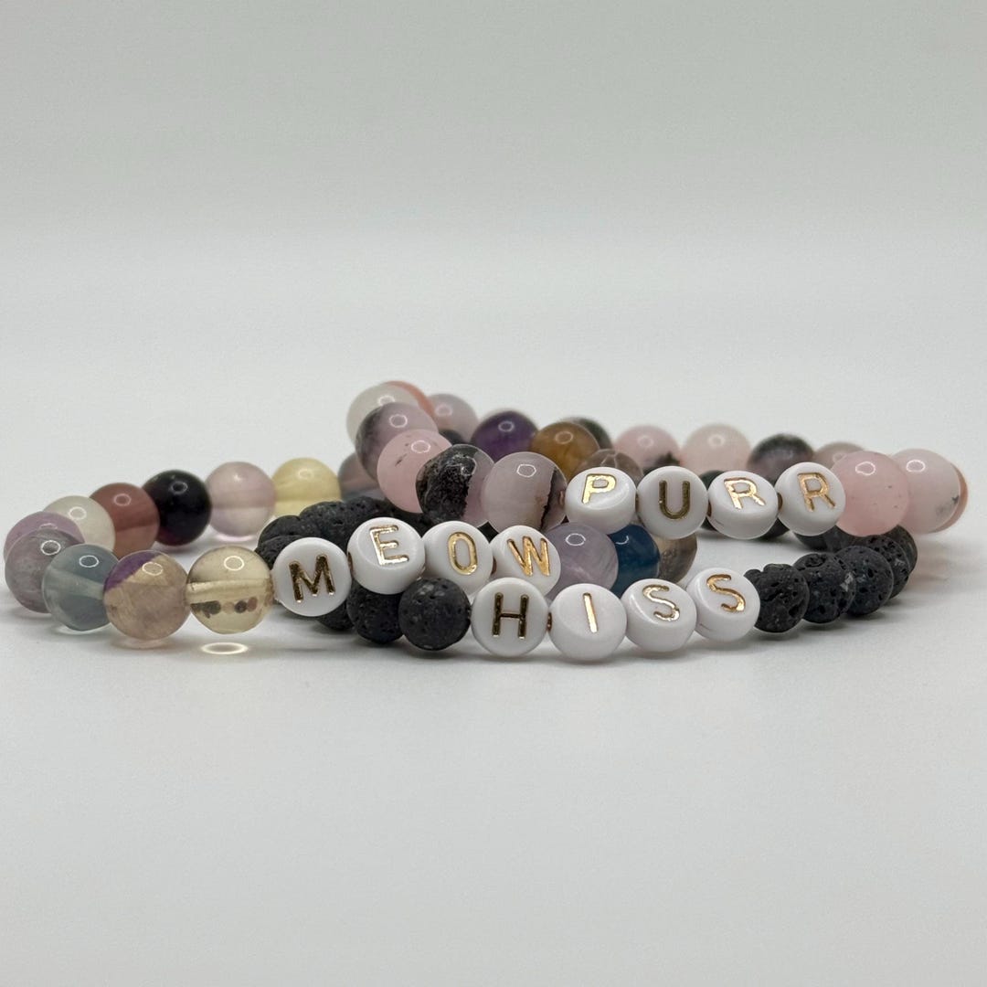 Cat Lover Bracelet: Natural Stone Beaded Stretch Jewelry - PURR / HISS ...