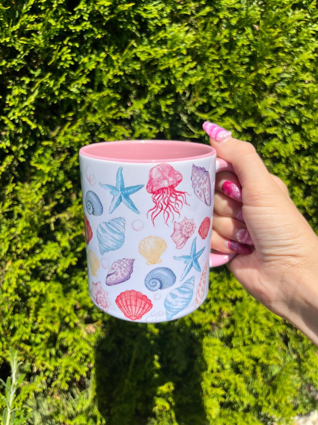 Mug With Seashells Watercolor Print, Sea Life Mug, Cute Coastal Mug ...