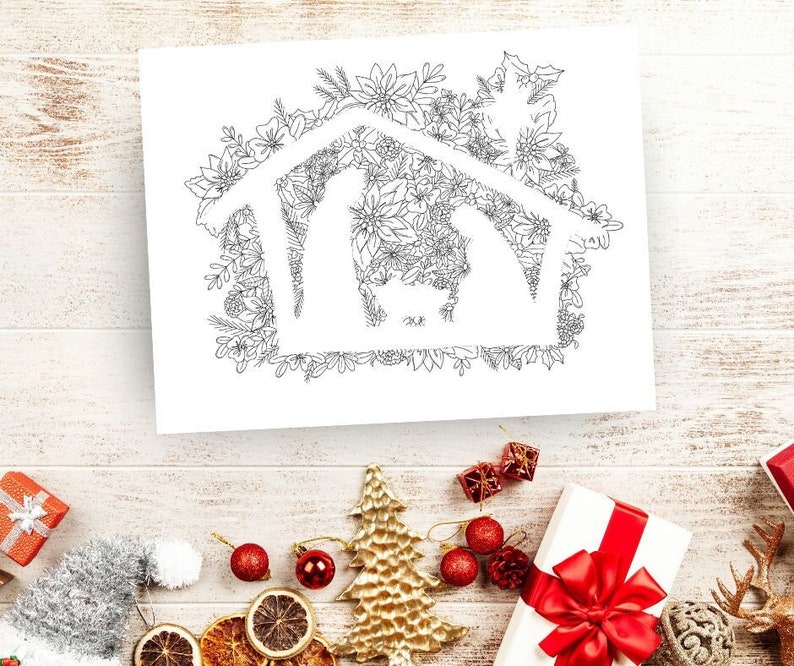 Floral Nativity Coloring Page or Print - Etsy