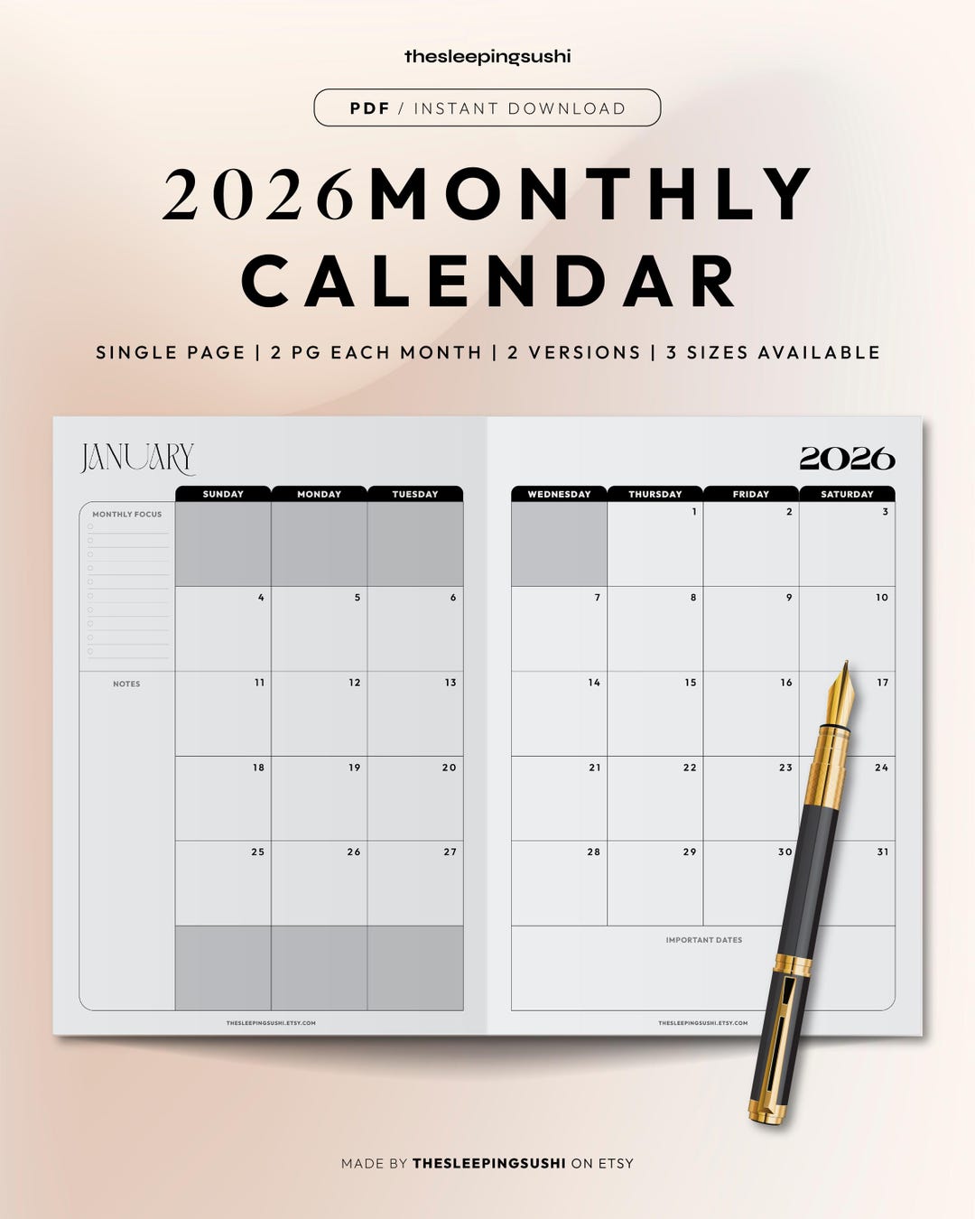 2026 Monthly Planner Printable: Minimalist Calendar for Goodnotes (A4 ...