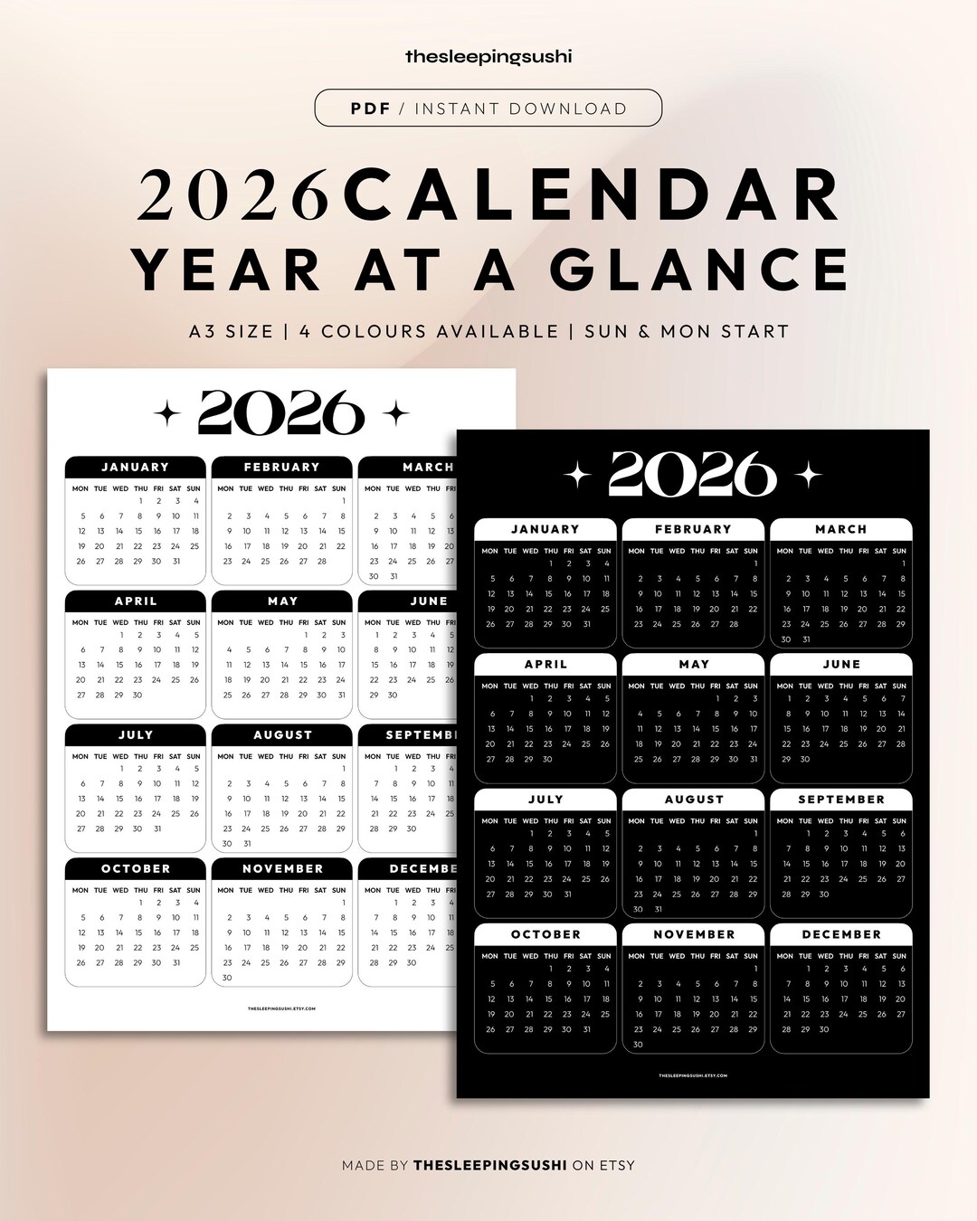 2026 Minimalist Calendar: A3 Printable Yearly Planner (digital Download ...
