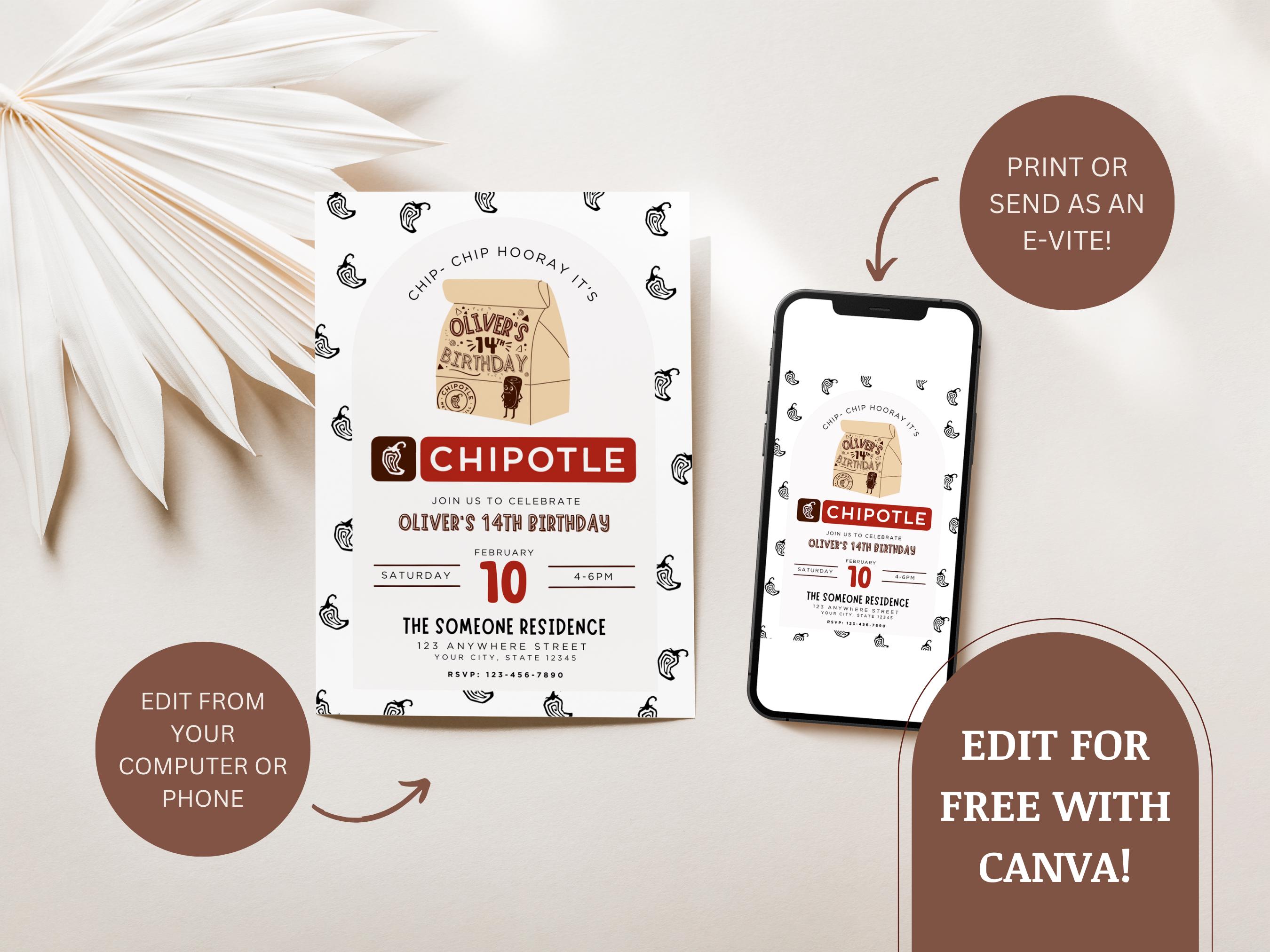 Chipotle ANY AGE Birthday | Chipotle Birthday Party | Editable Birthday ...