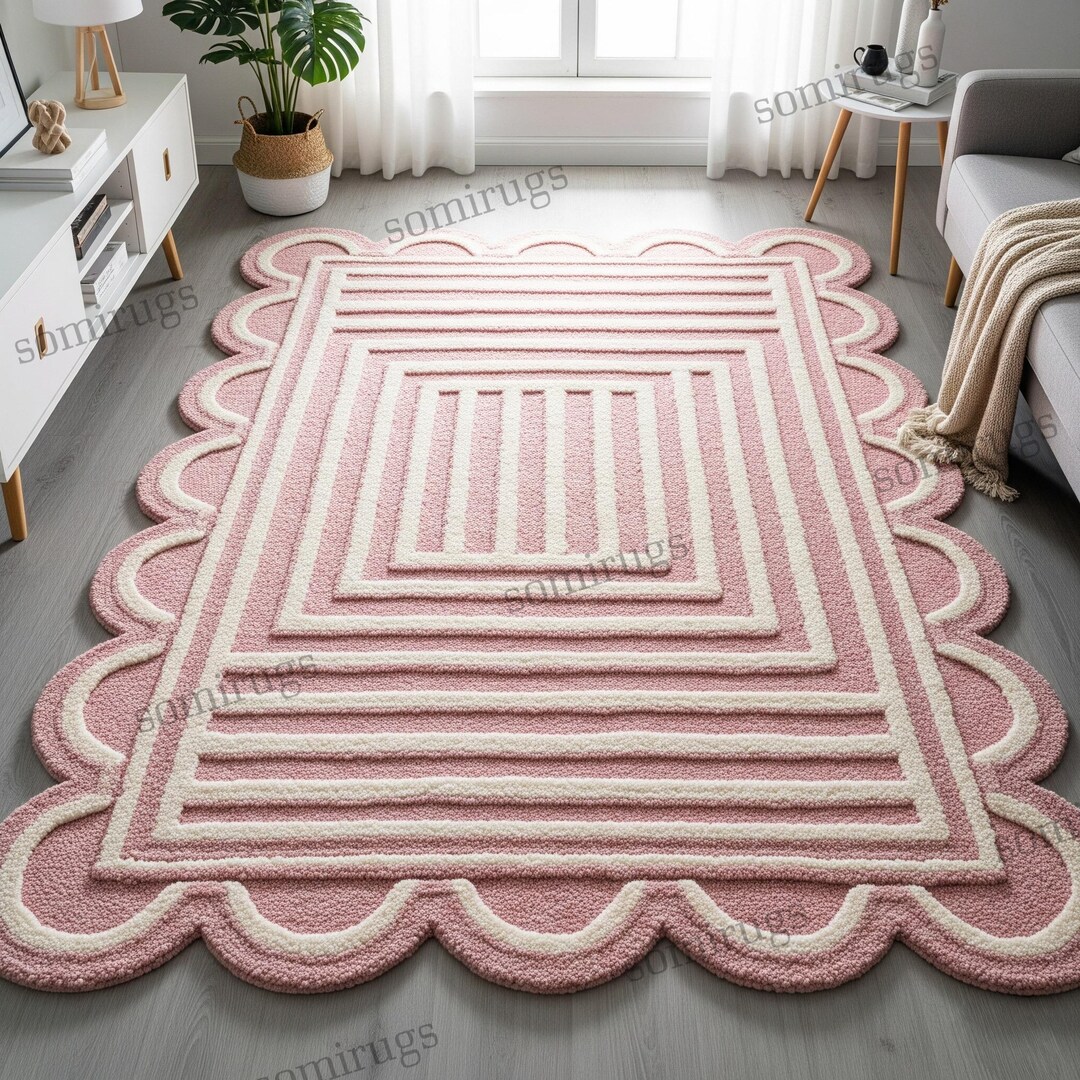 Soft Pink off White Scalloped Border Hand Tufted Geometric Wool Area ...