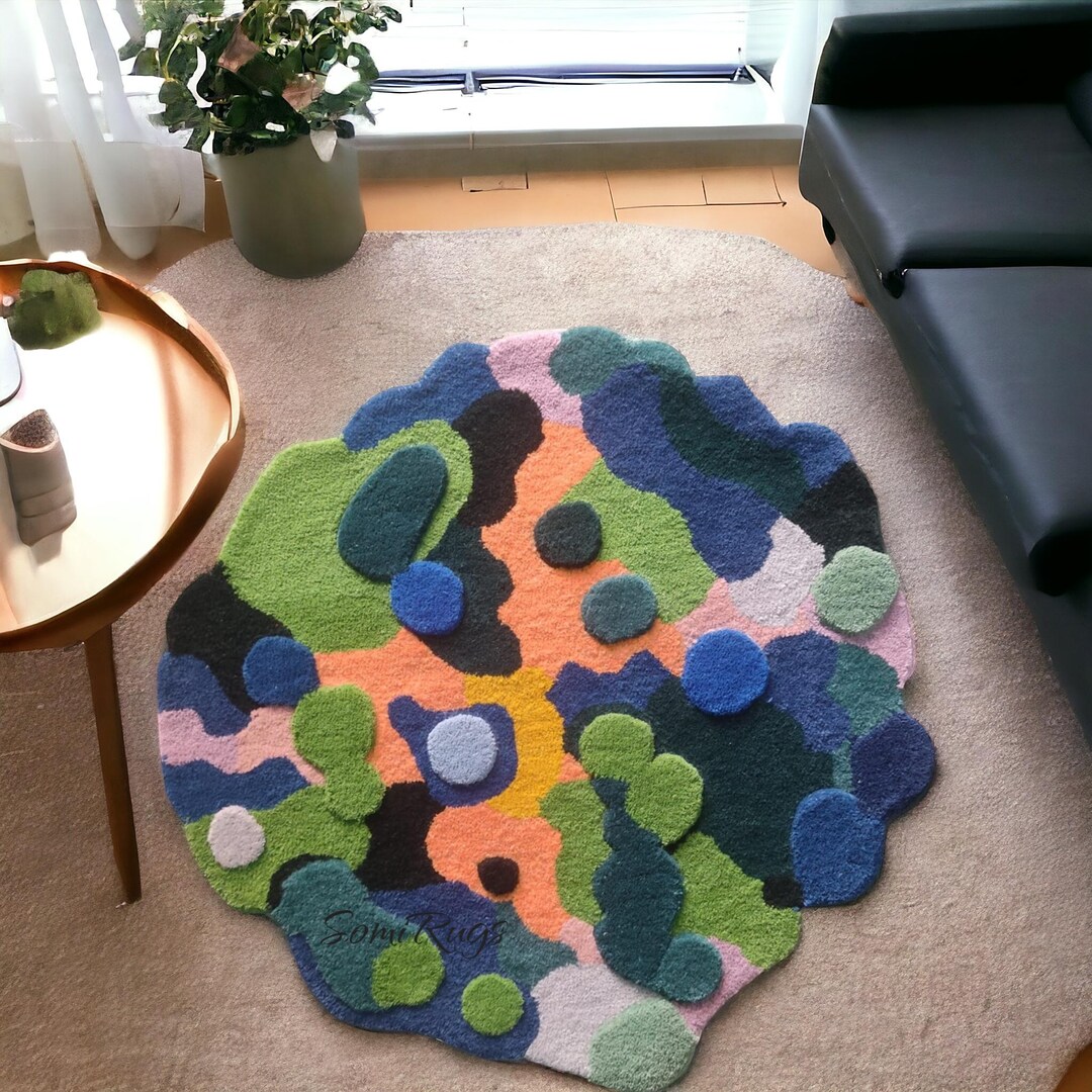 Irregular Shaped Blue Green Rug Mucximan Coloured Soft Wool 100% Area ...