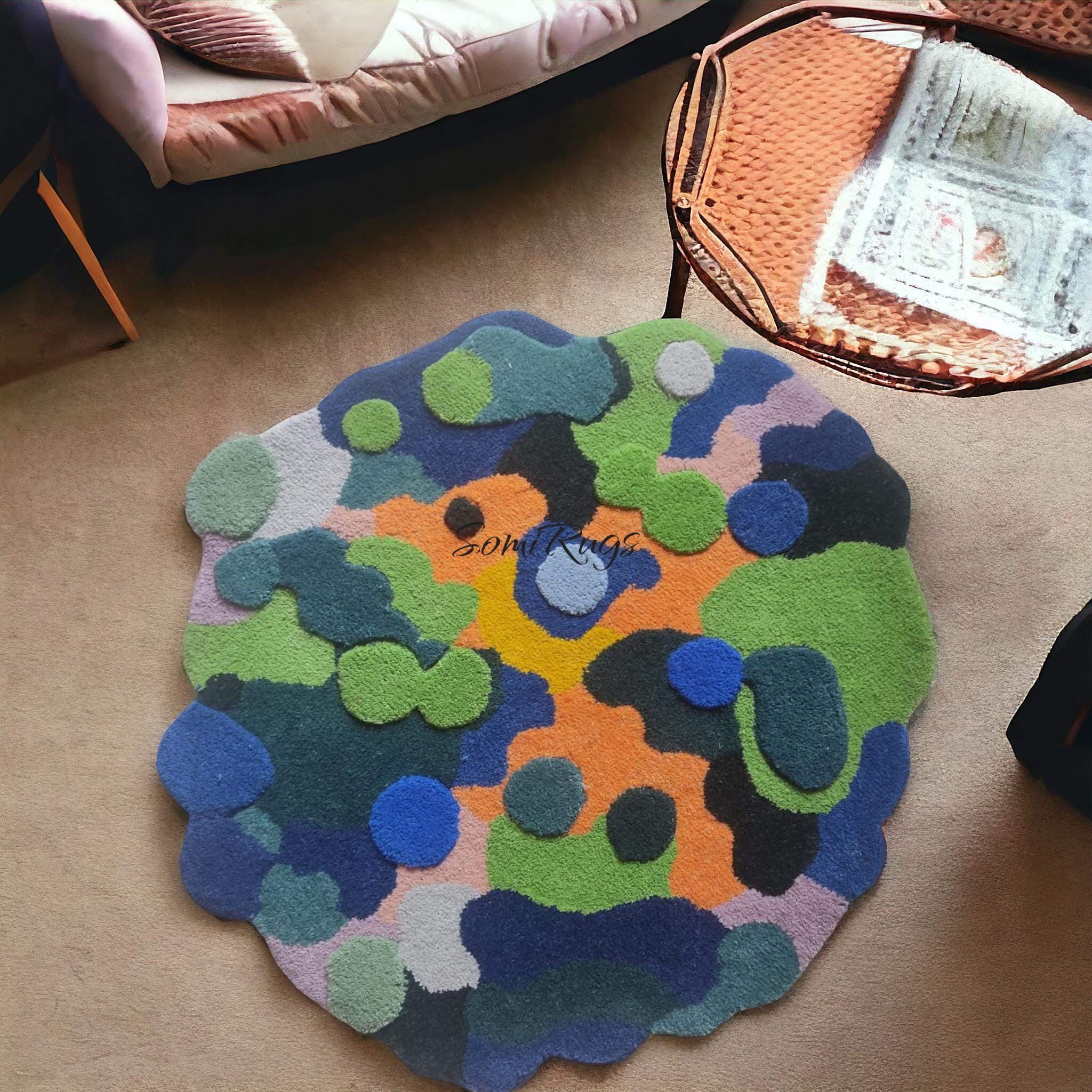Irregular Shaped Blue Green Rug Mucximan Coloured Soft Wool 100% Area ...